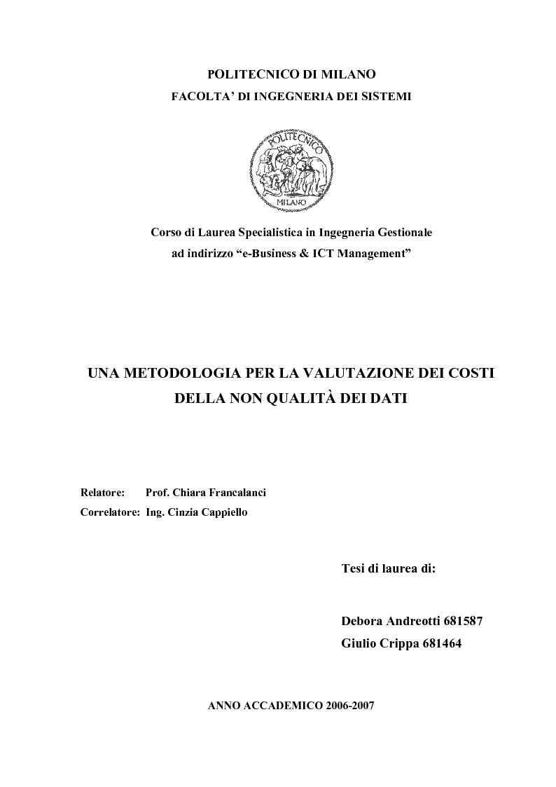 POLITECNICO DI MILANO FACOLTA’ DI INGEGNERIA DEI SISTEMI Corso di Laurea Specialistica in ...